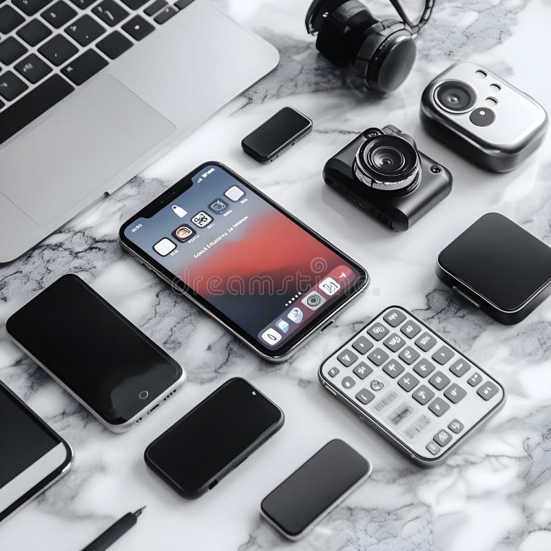 Electronic Devices on a Marble Surface. Smartphone, Digital Camera ...