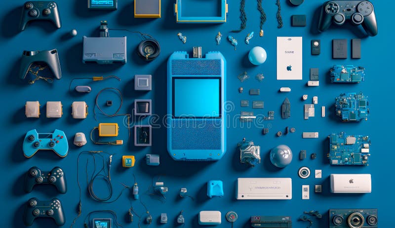 Collection of Electronic Gadgets Arranged on Blue Surface. Generative ...