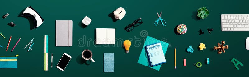 Collection of Electronic Gadgets and Office Supplies Stock Photo ...