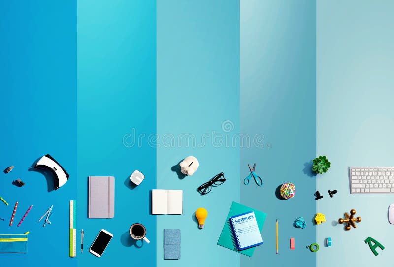 Collection of Electronic Gadgets and Office Supplies Stock Photo ...