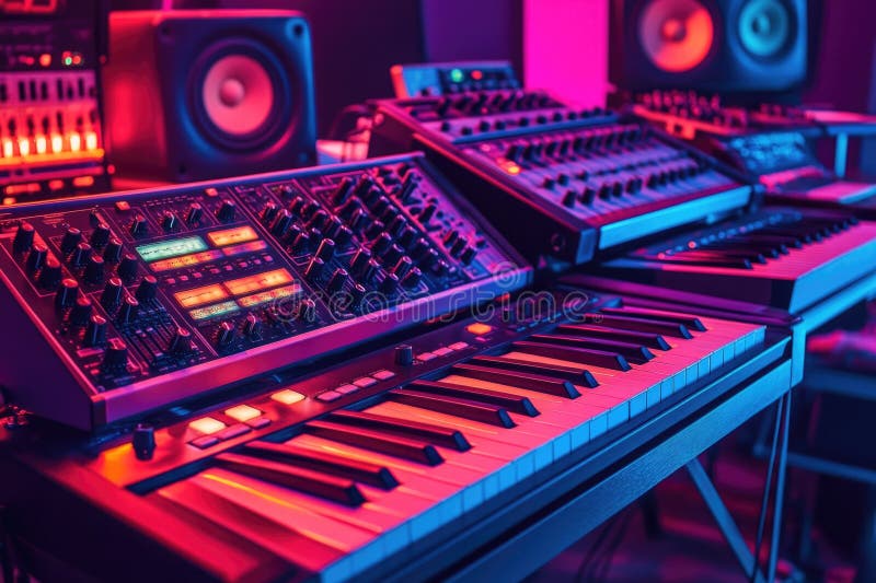 A Collection of Electronic Keyboards Arranged on a Table Surface Stock ...
