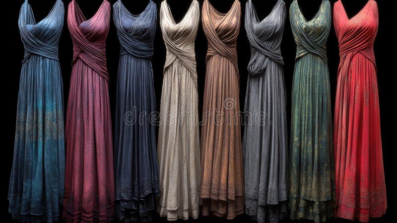 Collection of Elegant Long Gowns in Various Colors and Fabrics Stock ...