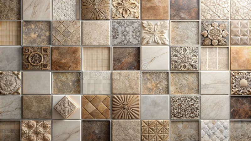 A Collection of Elegant Neutral-Toned Ceramic Tiles Featuring Intricate ...