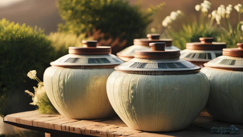 A Collection of Elegant, Traditional Ceramic Jars with Lids Placed on a ...