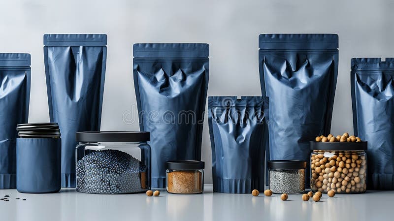 A Collection of Empty Blue Packages of Various Products on a Light ...
