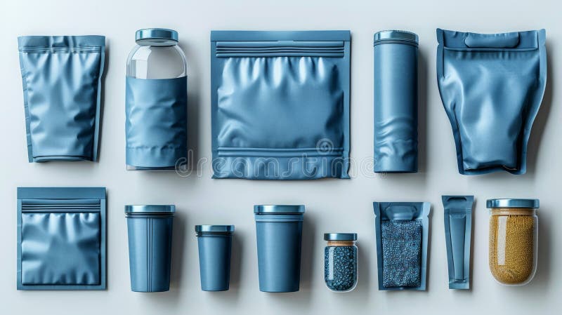A Collection of Empty Blue Packages of Various Products on a Light ...