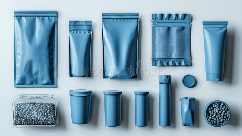 A Collection of Empty Blue Packages of Various Products on a Light ...