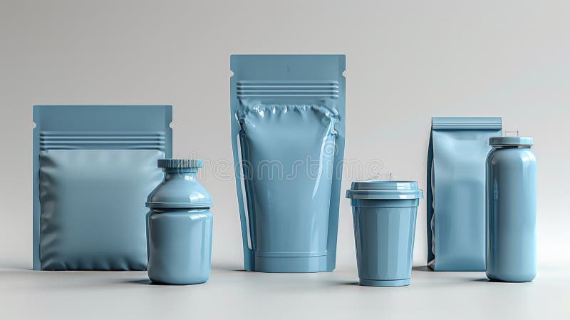 A Collection of Empty Blue Packages of Various Products on a Light ...