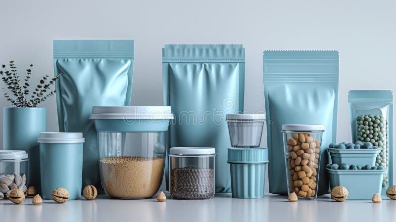 A Collection of Empty Blue Packages of Various Products on a Light ...