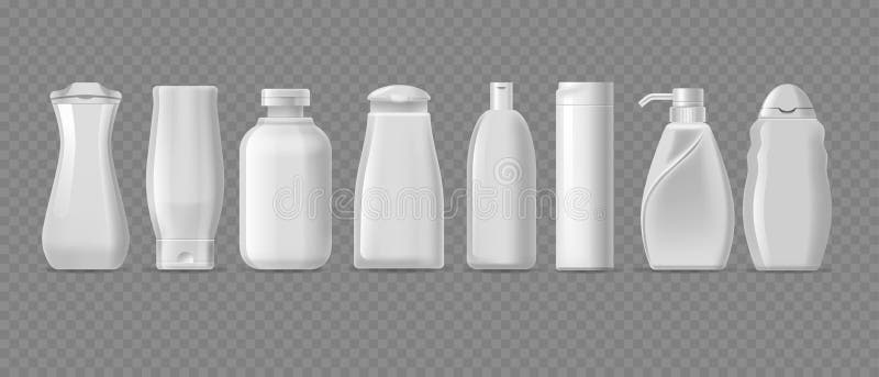 Collection of Empty Shampoo Bottles in Different Shapes and Sizes. Realistic 3d Vector White ...