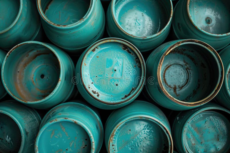 Empty Barrels and Vintage Containers, Turquoise Color Background ...