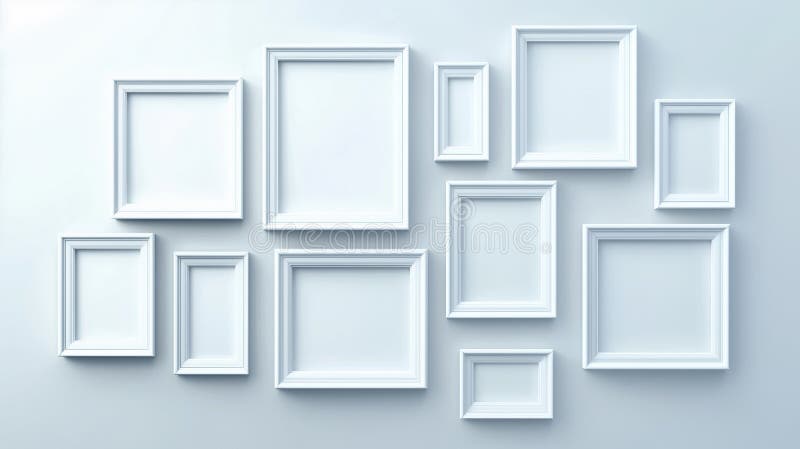 Collection of Empty White Picture Frames Arranged on a Light Wall in ...