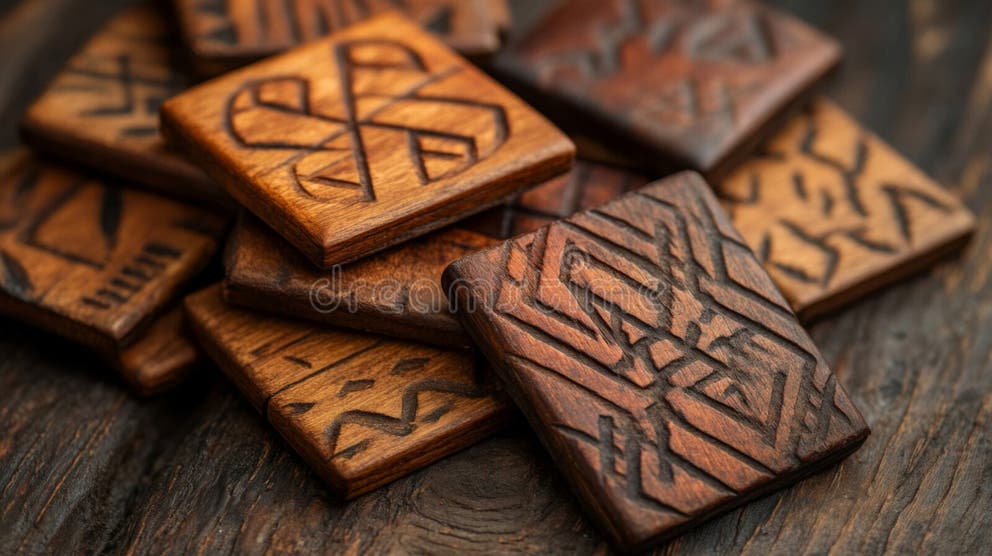 Collection of Engraved Wooden Tiles with Geometric Patterns Stock ...