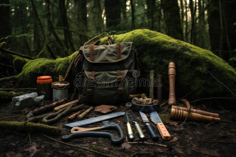 Collection of Essential Bushcraft Tools on the Ground Stock Image ...