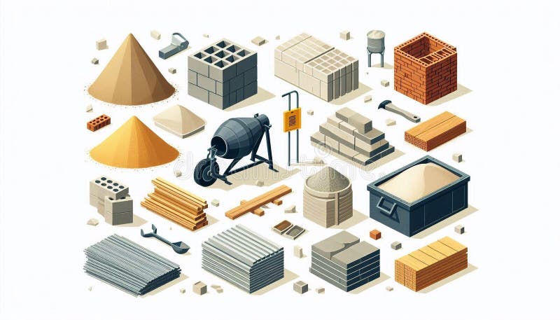 A Collection of Essential Construction Materials and Tools Illustrated ...