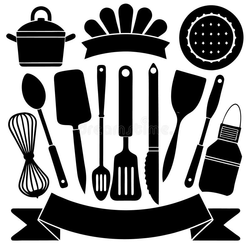 Collection of Essential Kitchen Tools Silhouettes in Vector on White ...