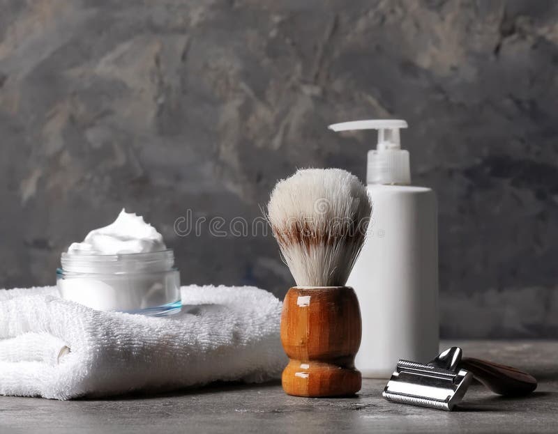 Essential Shaving Accessories for Men on Table Against Grey Background ...