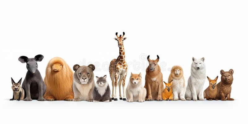 Collection of Exotic Animals Including Giraffe, Lion, and Dog on White ...