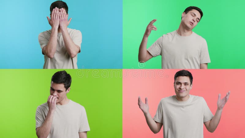 Collection of Expressive Gestures from a Young Man Against Colorful ...