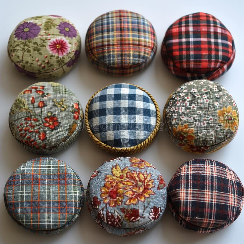 Assorted Fabric-Covered Buttons with Various Patterns and Designs Stock ...