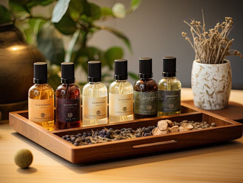 A Collection of Fall Scent Aroma Diffusers on a Wooden Tray. Stock ...