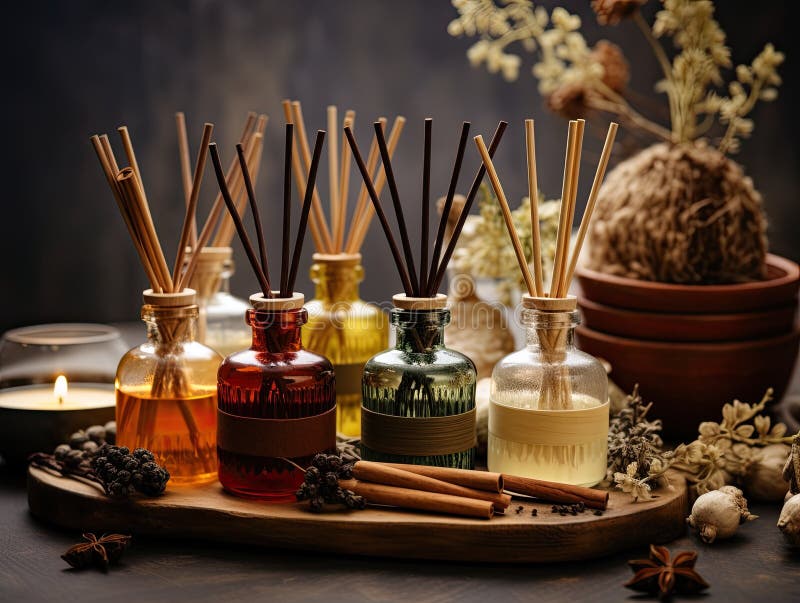 A Collection of Fall Scent Aroma Diffusers on a Wooden Tray. Stock ...