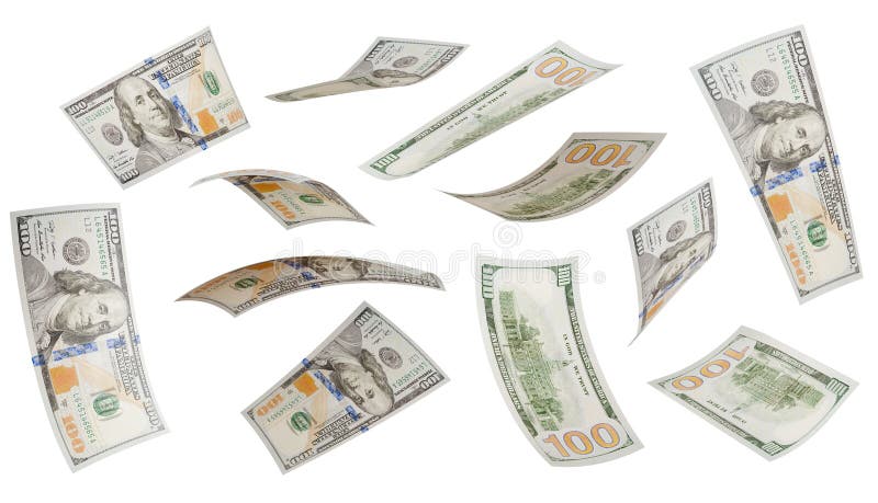 Collection of Falling One Hundred Dollar Bills Isolated on a White ...