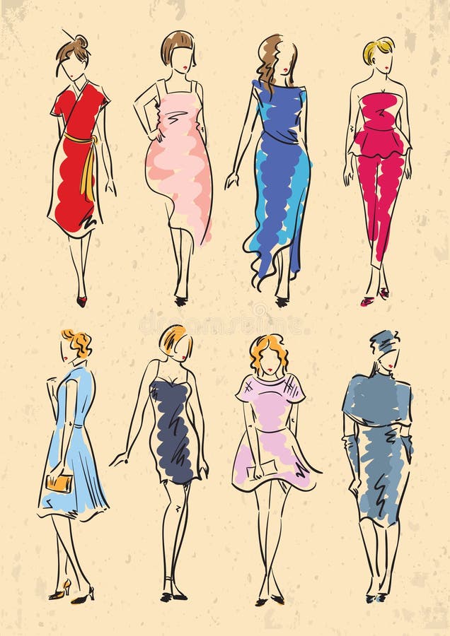 Collection of Fashion Model in Dresses. Vector Illustration Decorative ...