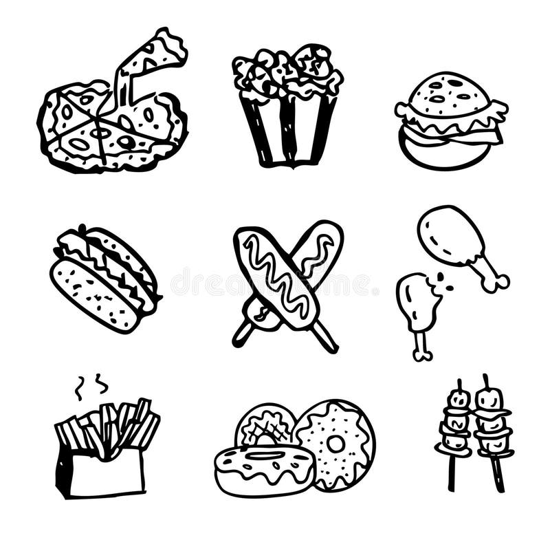 A Collection of Fast Food with Various Hand Drawn Lines Stock Vector ...