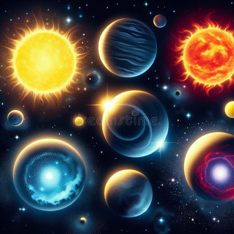 A Collection of Planets and Suns with Different Colors. Stock Image ...