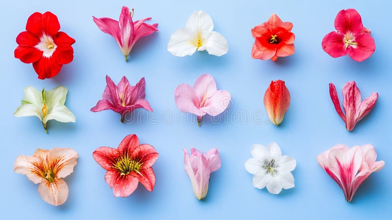 A Collection of Fifteen Colorful Blossoms Arranged on a Light Blue ...