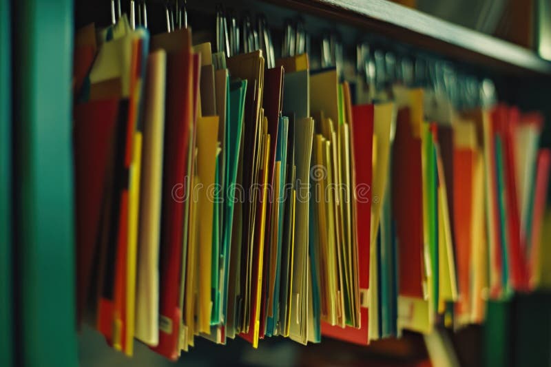 A Collection of File Folders Hanging from a Wooden Shelf in a Office ...
