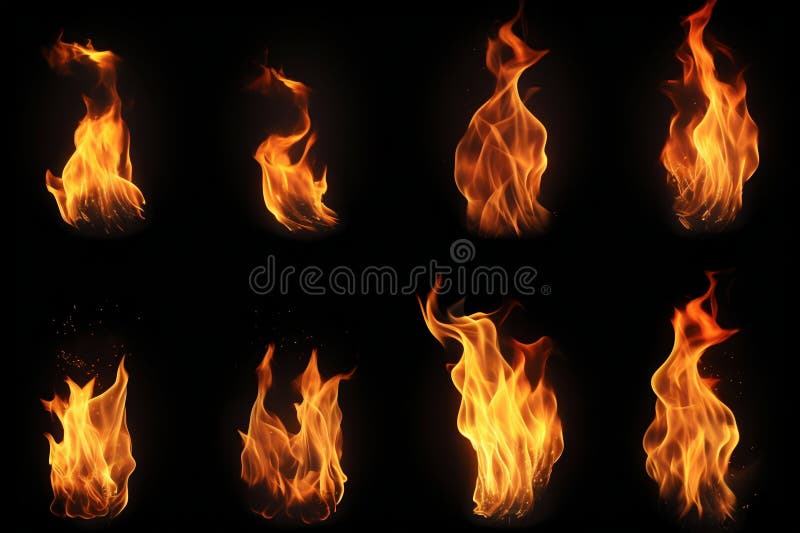 Collection of Fire Flames Isolated on Black Background. Generative Ai ...