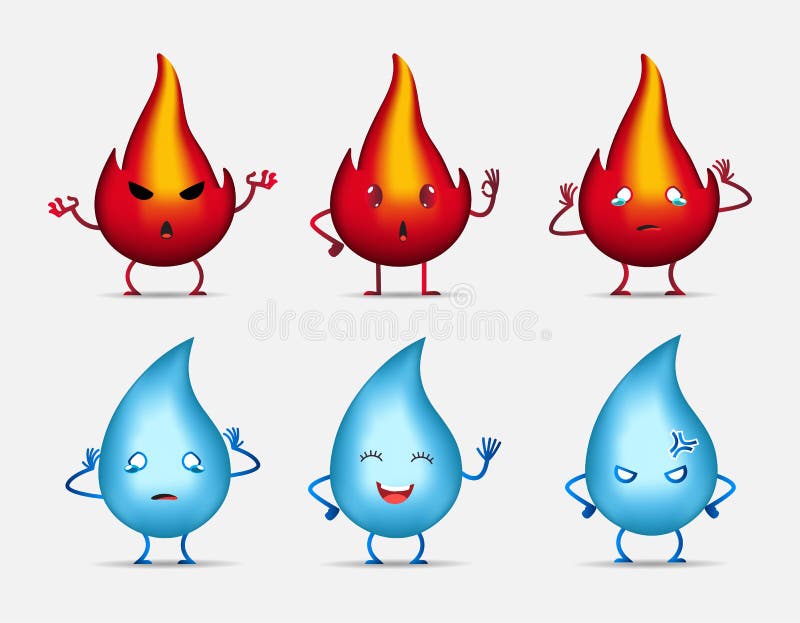 Collection of Fire and Water Cartoon Character Design Icon. Happy ...