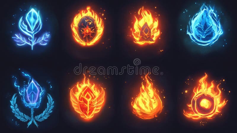 Collection of Fire and Water Elemental Icons on a Dark Background Pixel ...