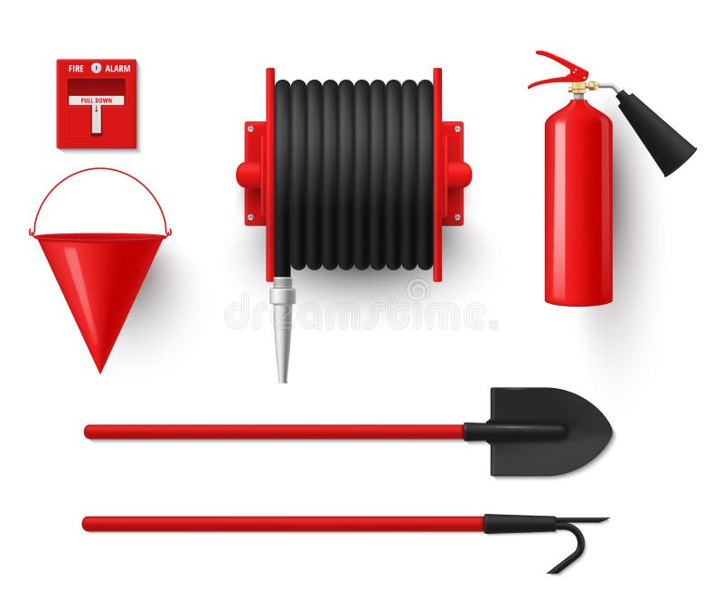 Collection Fires Fighting Red Tools Vector Flat Illustration. Set of ...