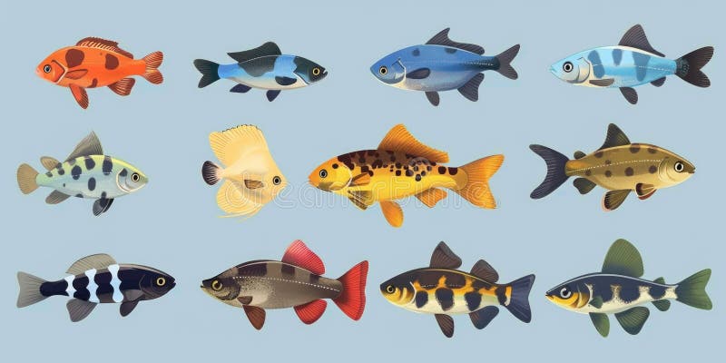 A Collection of Fish with Different Colors and Patterns. Some are Small ...