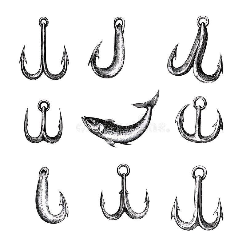 Collection of Fishing Hooks and Fish Illustration Stock Illustration ...