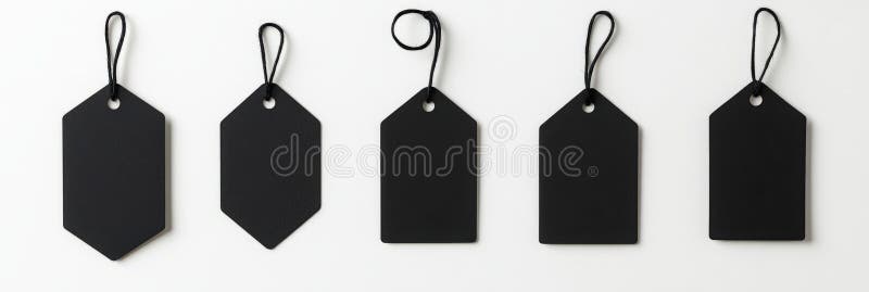 Collection of Five Blank Black Tags Arranged in a Row on a Light ...
