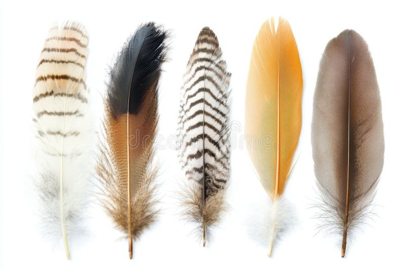 A Collection of Five Diverse Bird Feathers Showcasing Different Colors ...