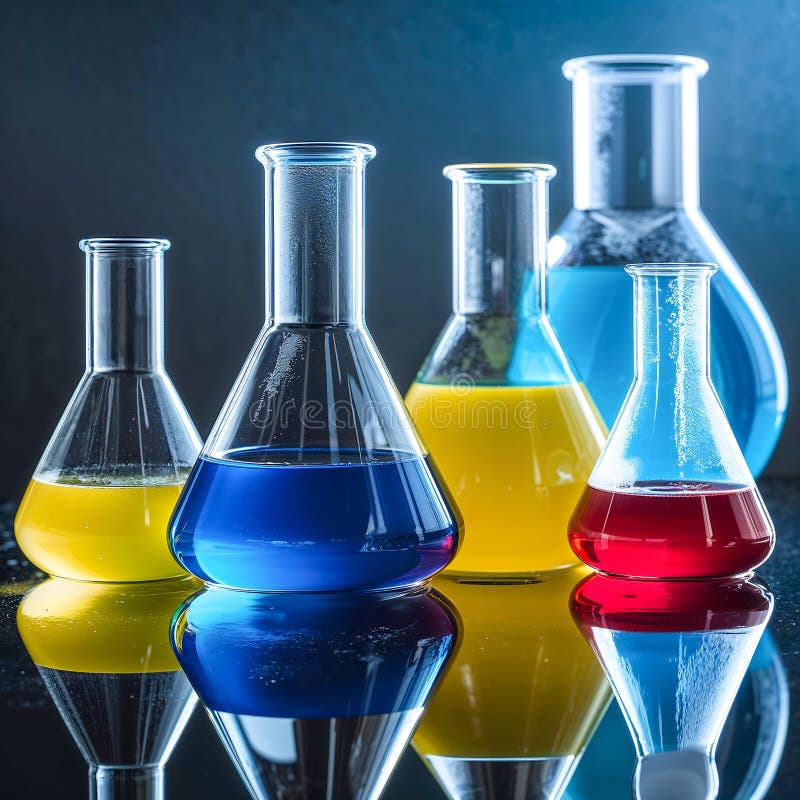 Laboratory Glass Flasks with Multicolored Liquids on Reflective Surface ...