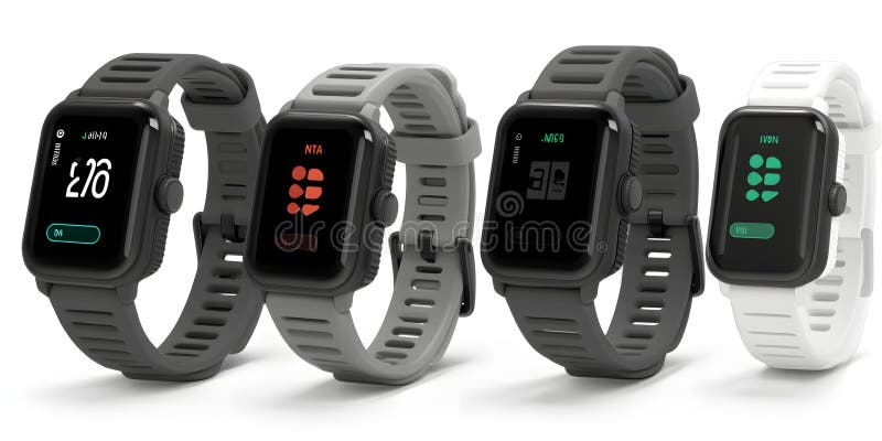 Collection of Five Smartwatches in Different Designs Stock Illustration ...
