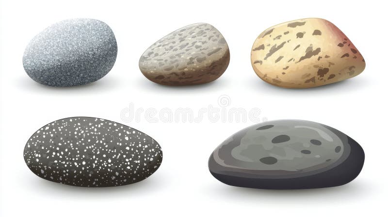 Five Smooth Stones with Varied Textures and Colors on White Background ...