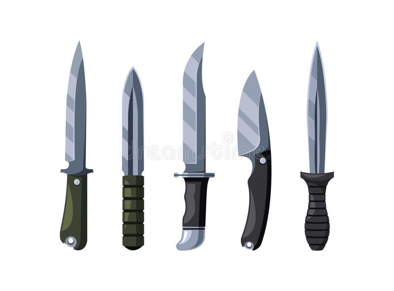 Collection of Five Tactical and Hunting Knives Isolated on White ...
