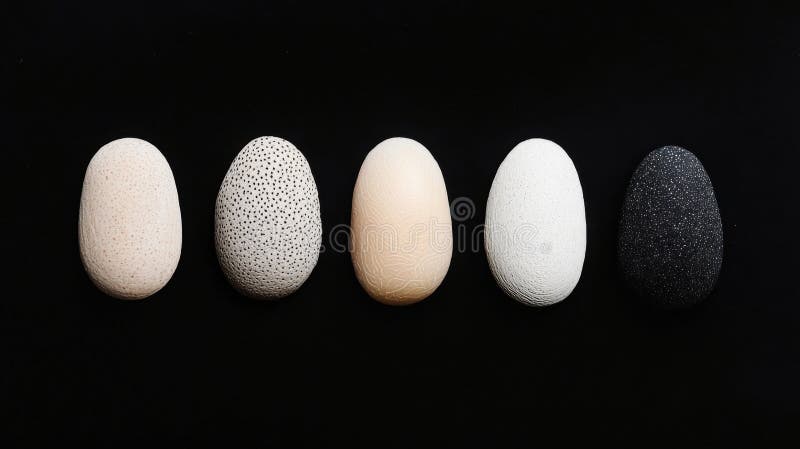 A Collection of Five Uniquely Textured Egg-shaped Objects Arranged in a ...