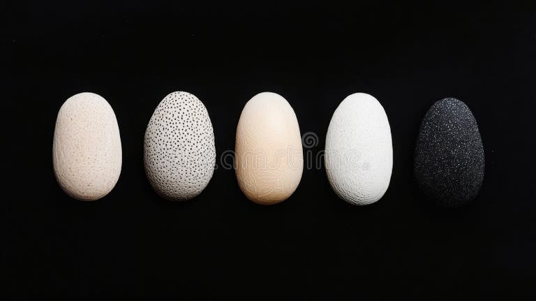 A Collection of Five Uniquely Textured Egg-shaped Objects Arranged in a ...