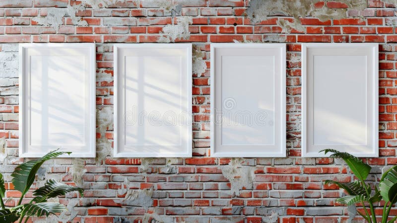 Collection of Five White Empty Frames Mockup on Brick Wall for ...