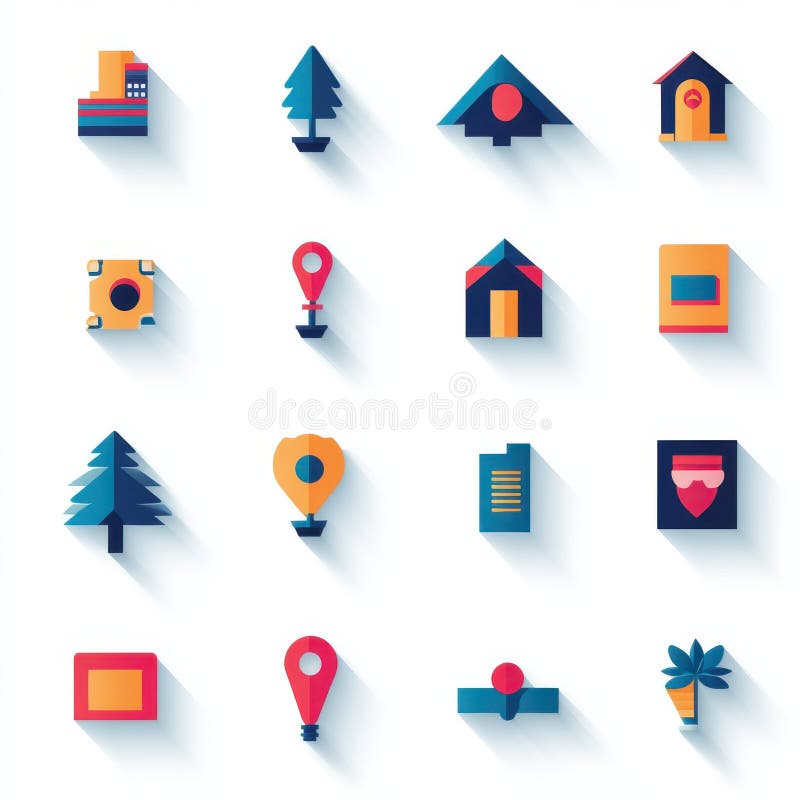 Collection of Flat Design Icons Featuring Buildings Trees and Location ...
