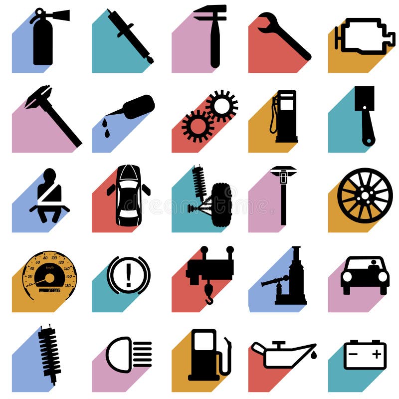 Collection Flat Icons with Long Shadow. Car Stock Vector - Illustration ...