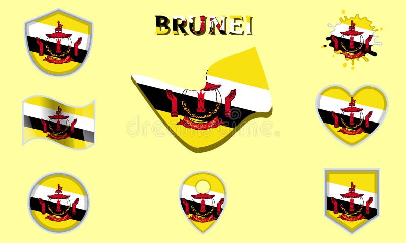 Collection of Flat National Flags of Brunei with Map Stock Vector ...